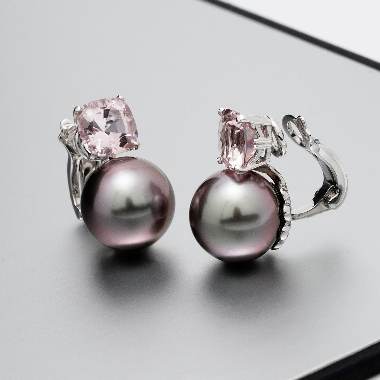 Assael Collection: 11.9–12.0 mm Tahitian Pearl and Morganite Clip Earr ...